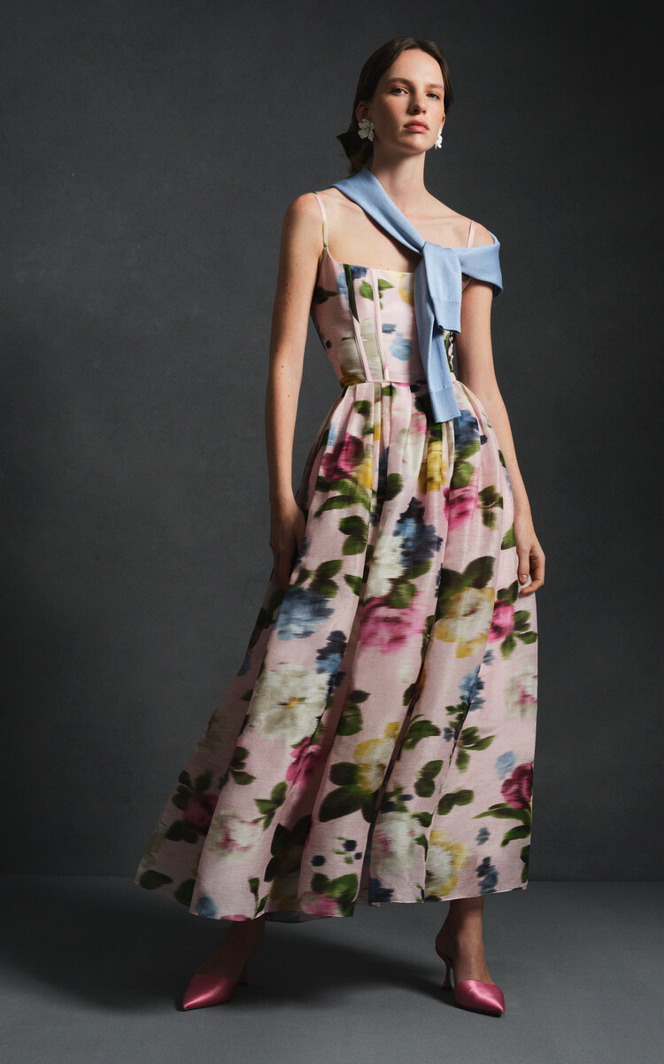 CAROLINA HERRERA Carolina Herrera Garden Floral Linen-Silk Midi Dress